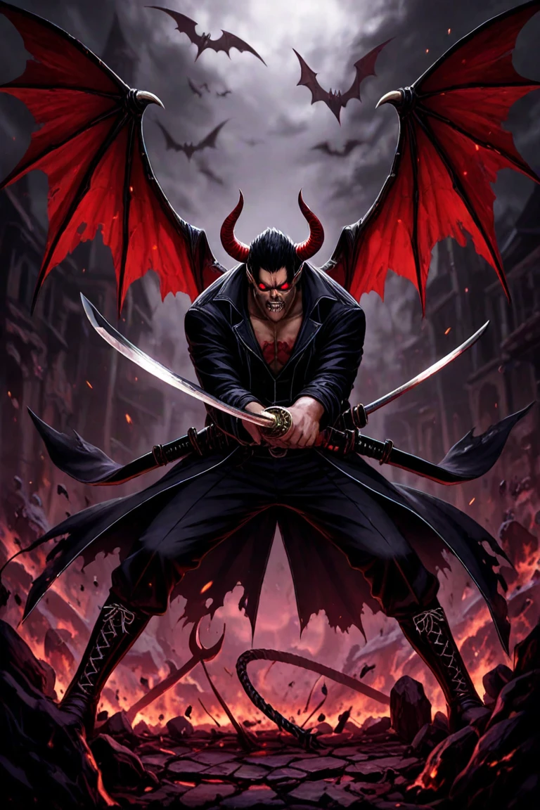 Demon man with head band and black outfit and wings and katana fight ...