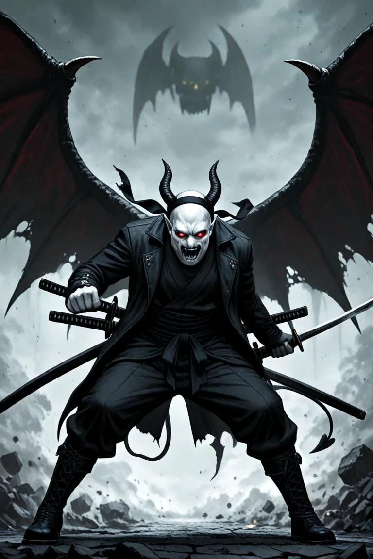 Demon man with white skin head band and black outfit and wings and ...