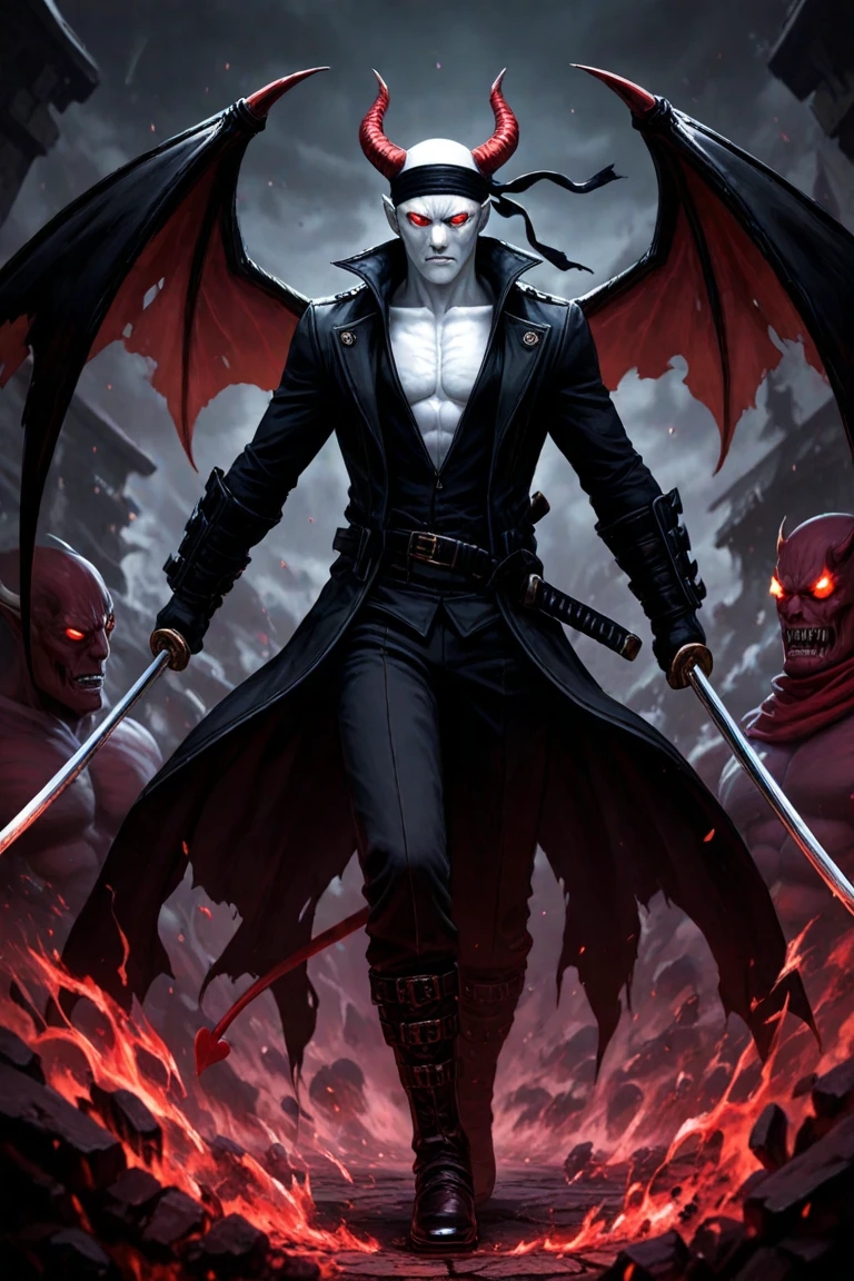 Demon man with white skin head band and black outfit and wings and ...