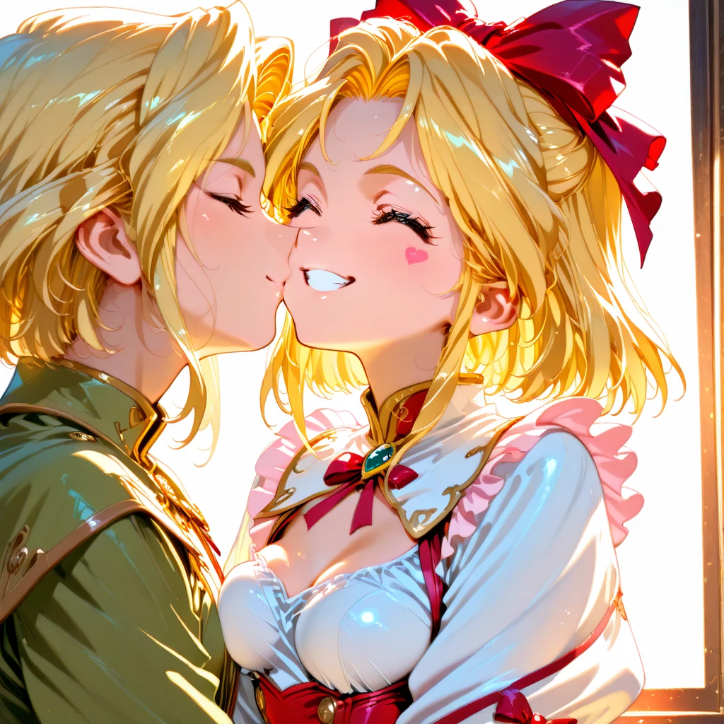 Iris: Sakura Wars, bright backlight,blond hair , ribbon, , (smiling - SeaArt AI
