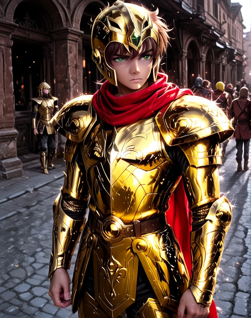 Anime character in gold armor standing in front of a building - SeaArt AI