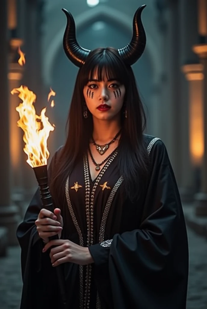 Goddess Hecate, Queen of Darkness、holding torches with black flames ...
