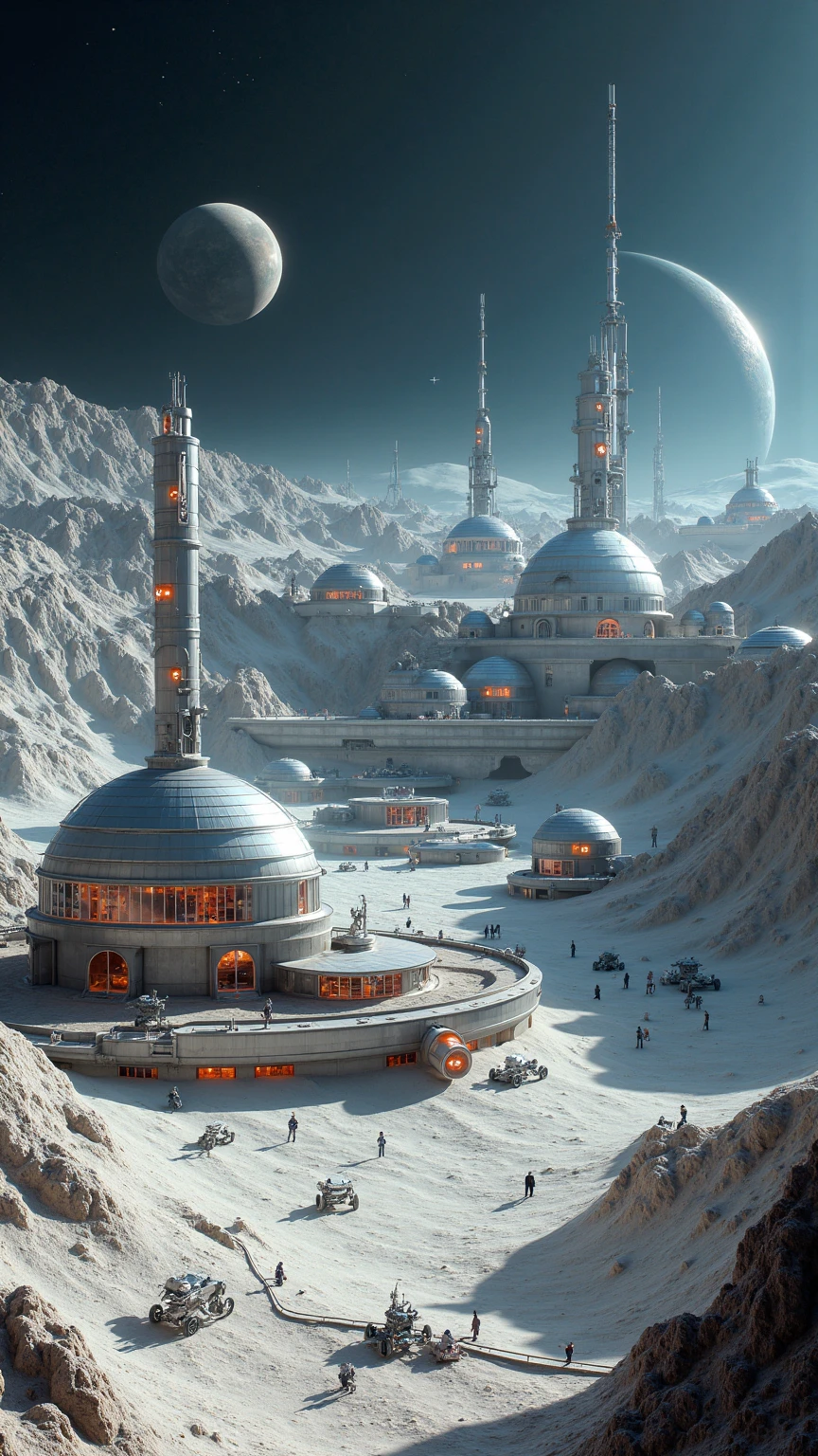 Subject: a sprawling futuristic lunar colony perched on a pale gray ...