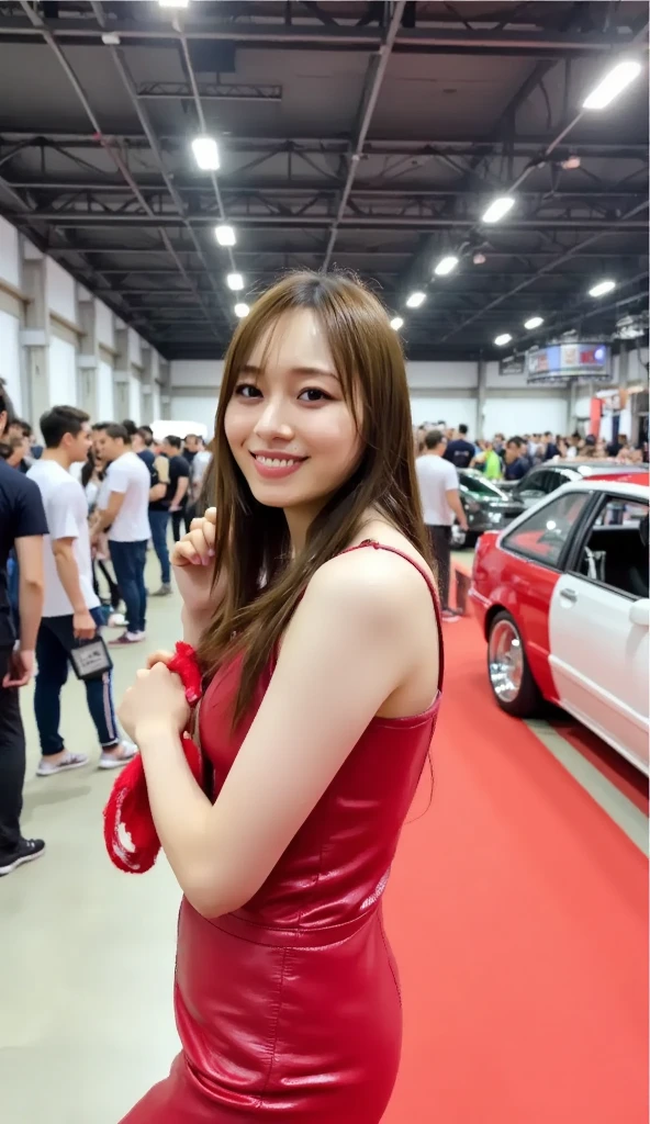 An indoor motor show event venue. In the background, flashy modified ...