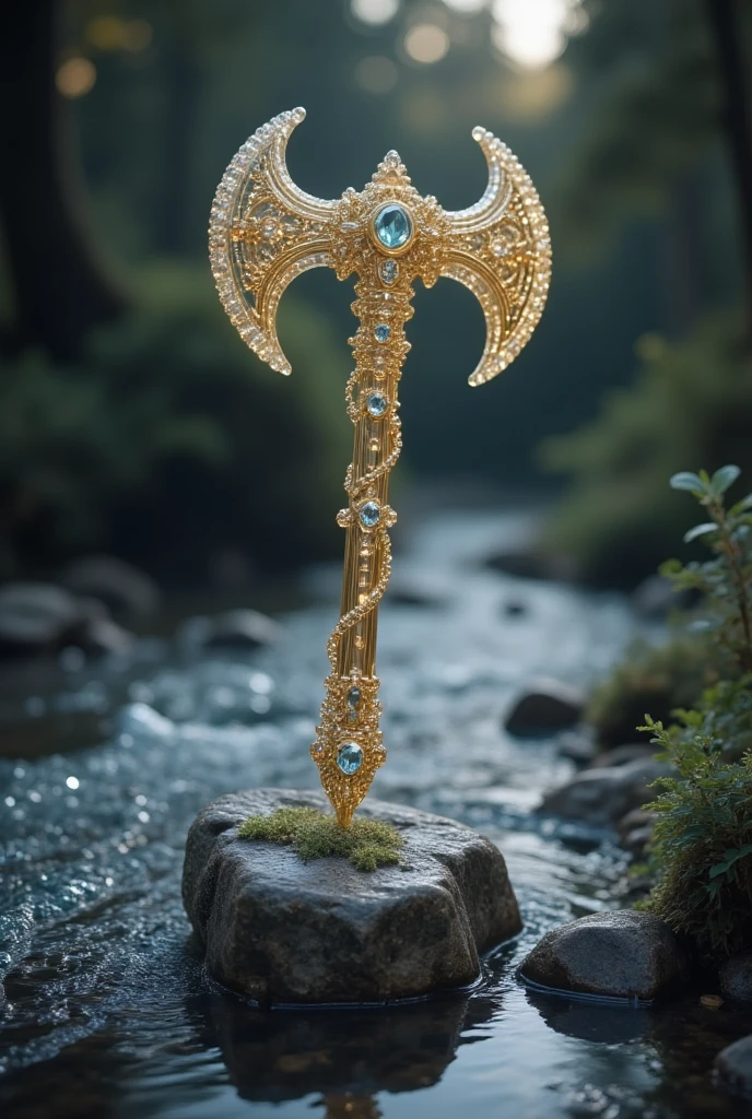 In a mystical forest, a mighty axe with a handle carved from the heart ...