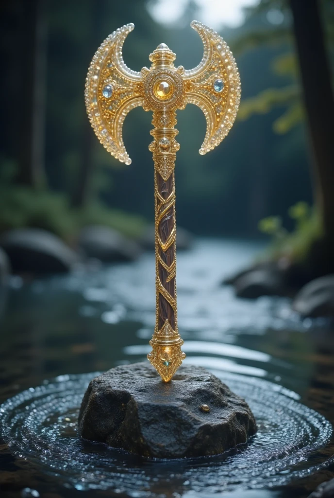 In a mystical forest, a mighty axe with a handle carved from the heart ...