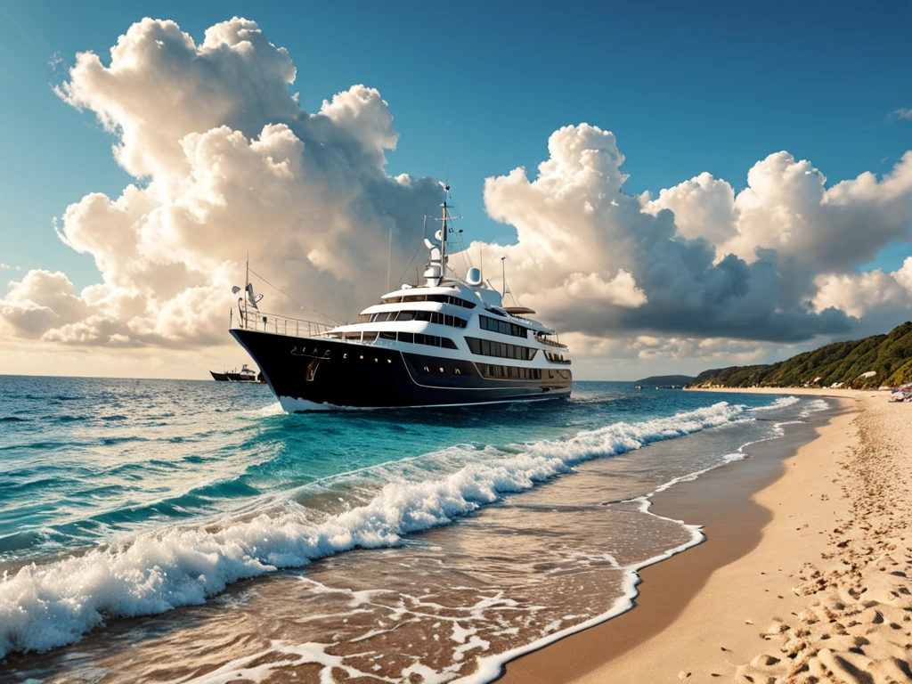 Yacht on the shore,detailed scene,luxury yacht,sea,sandy beach - SeaArt AI