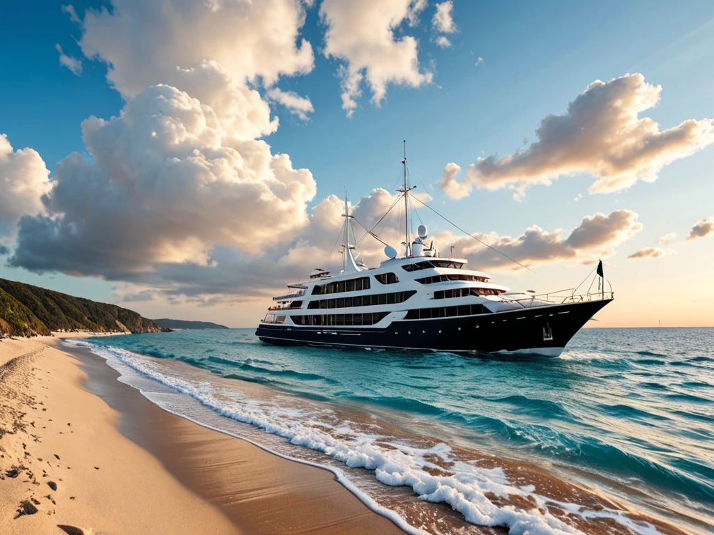 Yacht on the shore,detailed scene,luxury yacht,sea,sandy beach - SeaArt AI