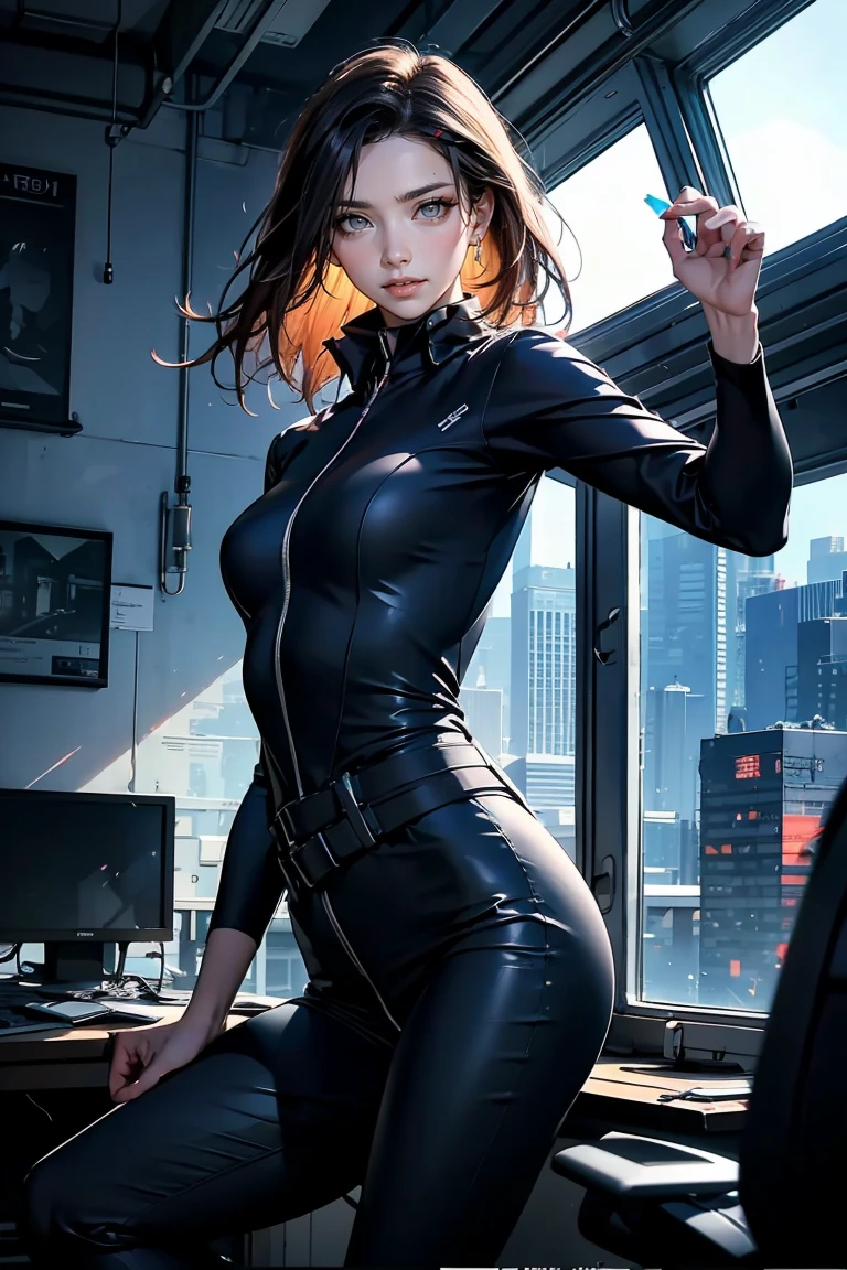 A stunningly beautiful female secret agent mid-action as she crashes ...