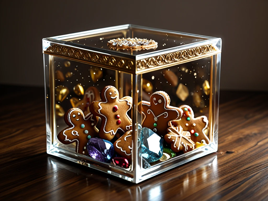 With diamond chips, gold gingerbread in profile in a glass box - SeaArt AI