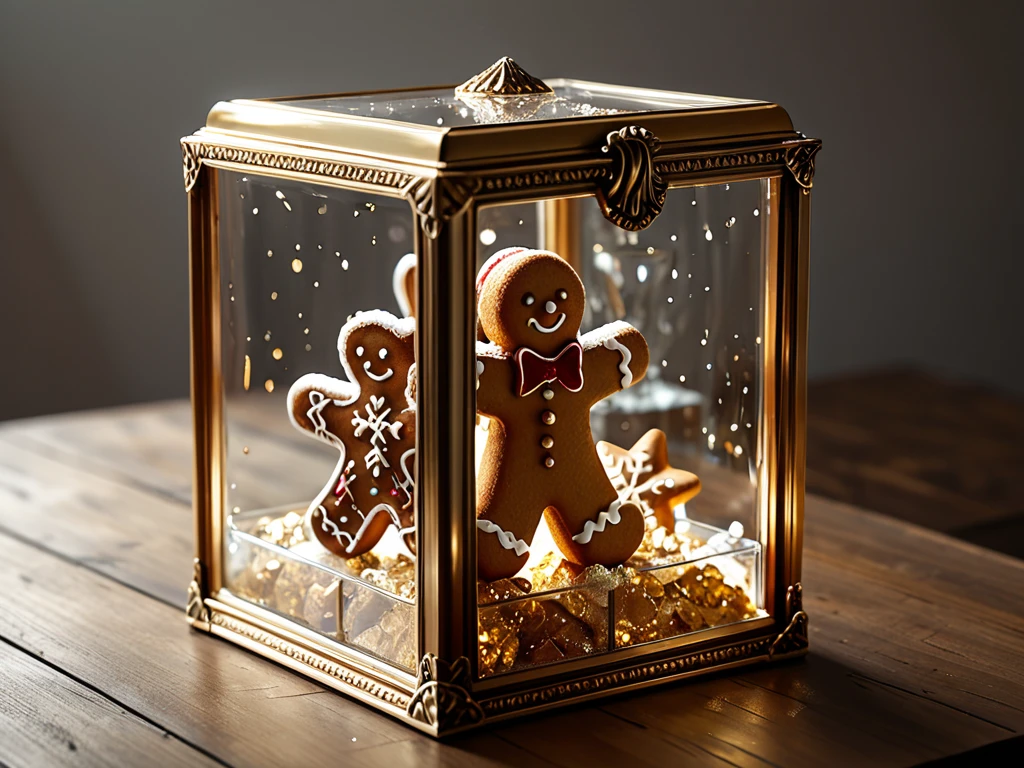 With diamond chips, gold gingerbread in profile in a glass box - SeaArt AI