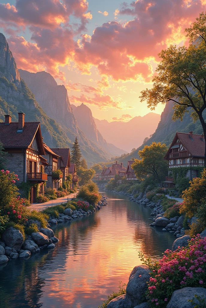A small village by the river, mountains in the background, floral ...