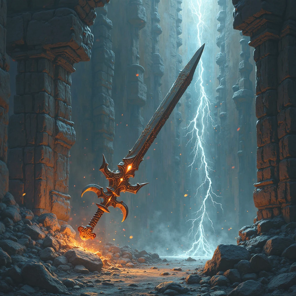 God々Make a sword that harbors a sense of energy, stuck in ruins - SeaArt AI