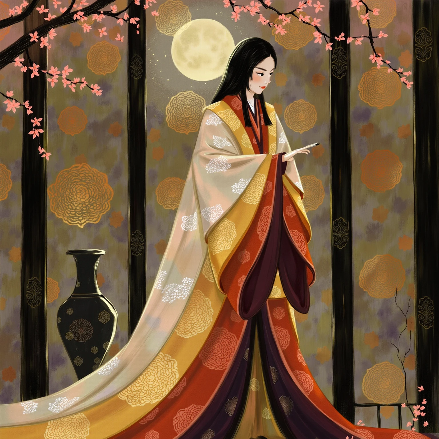 Painting: *A scene from a timeless Heian tale, where moonlight bathes ...