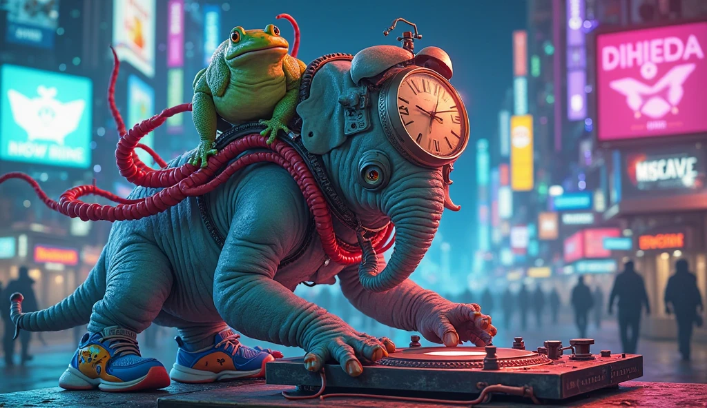 Create a surreal creature composed of an elephant head, a green frog on ...