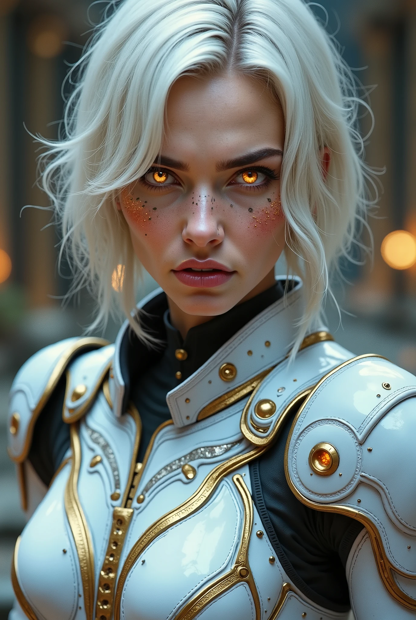 Adeptus Sororitas, short platinum hair, white power armor with a golden ...