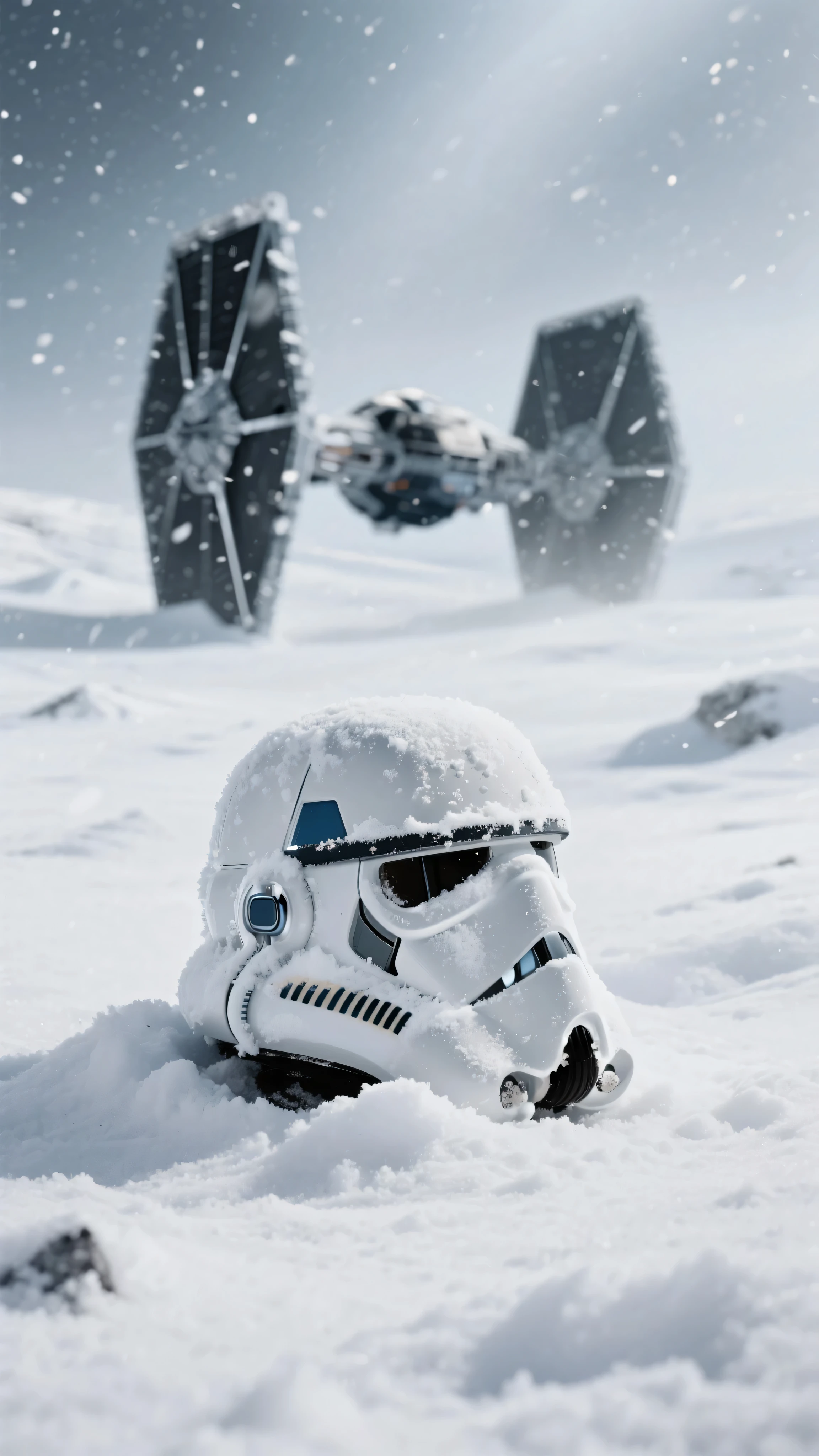 A snow-covered Stormtrooper helmet half-buried in a snowy landscape ...