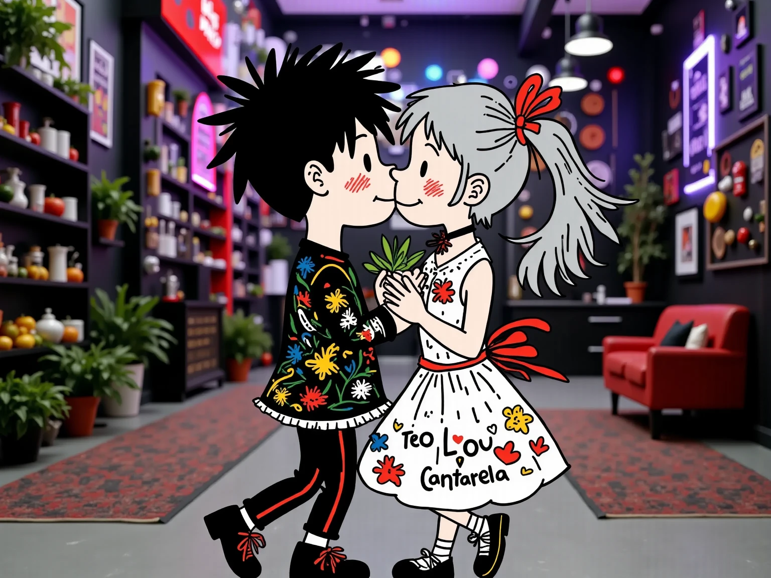 A and boy kissing, The girl hold a flower in their hands, In the ...