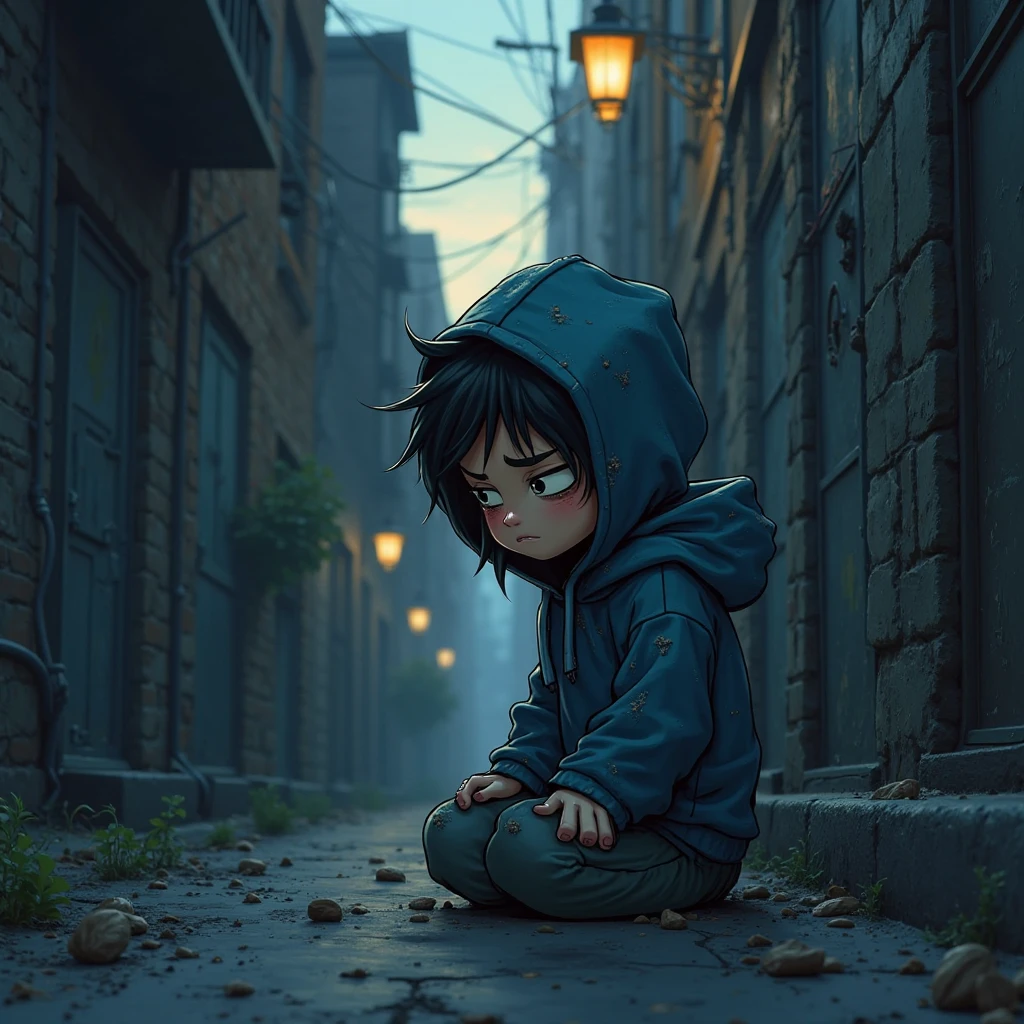 "A lonely sitting in a dark alley at sunset, shivering, wearing a dirty ...