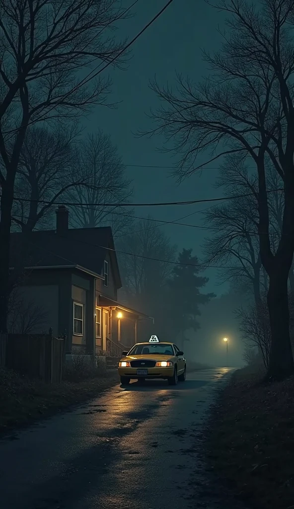 A remote residential road at night, with the cab parked near a small ...