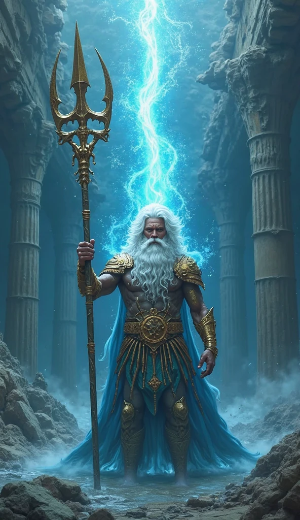 Poseidon in his final form : alone, his trident crackles with blue ...