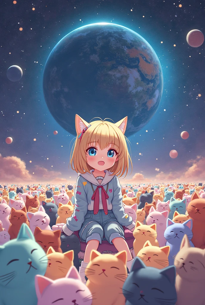 Anime characters with many colored cats in the space, Cute Detailed ...