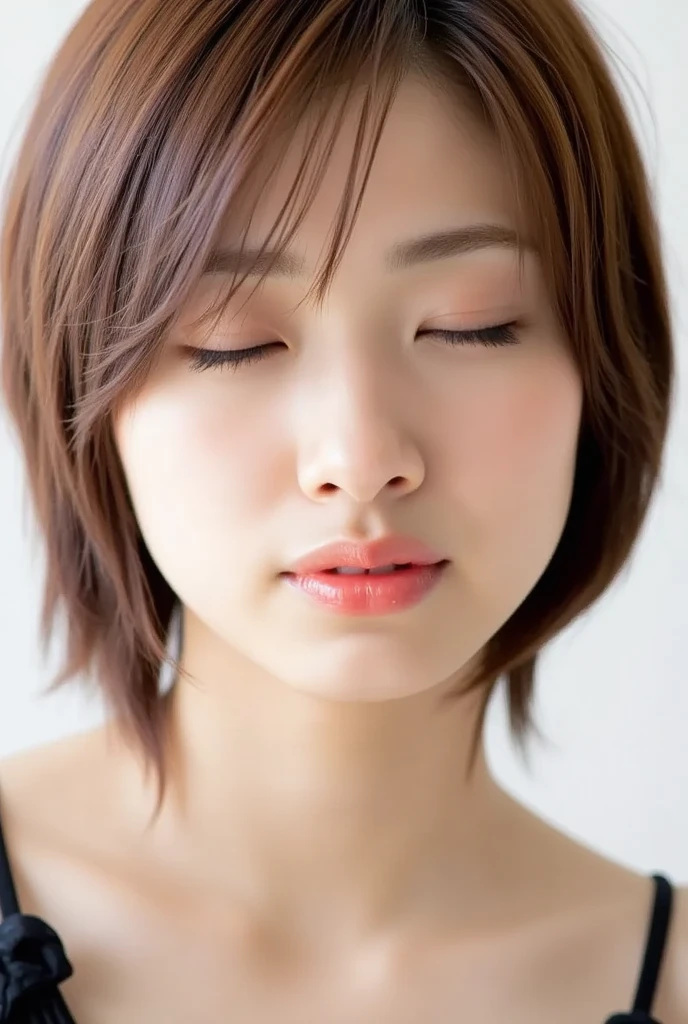 Japanese girl, head and collarbone in frame, black camisole, lips ...