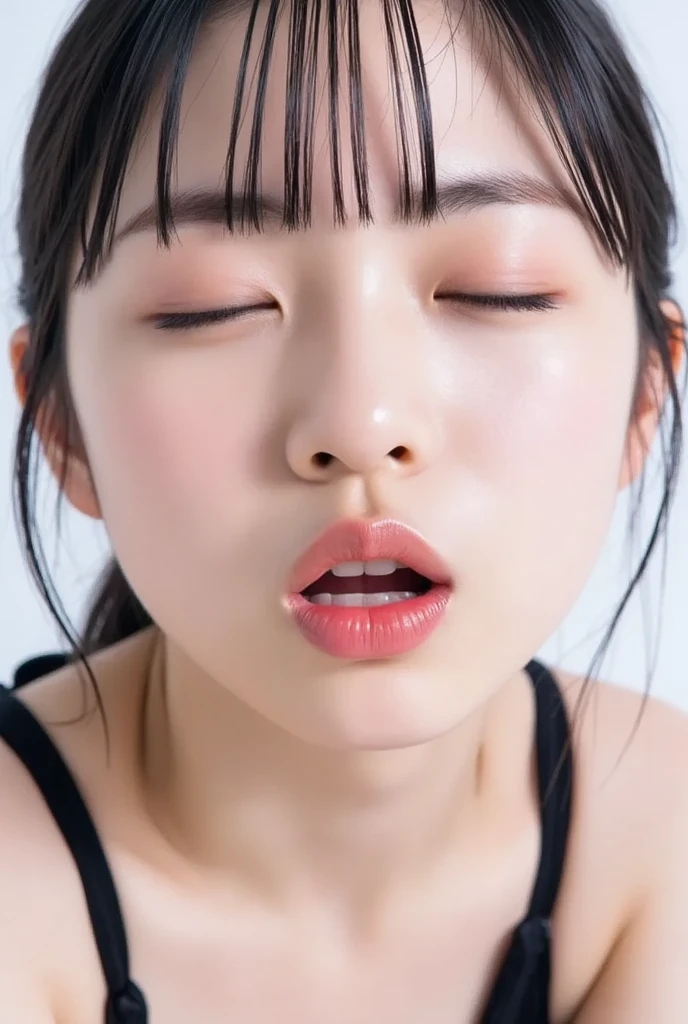 Japanese girl, head and collarbone in frame, black camisole, lips ...