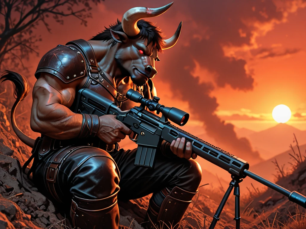 Minotaur wearing leather armor with battle scar, his eyes glow red ...