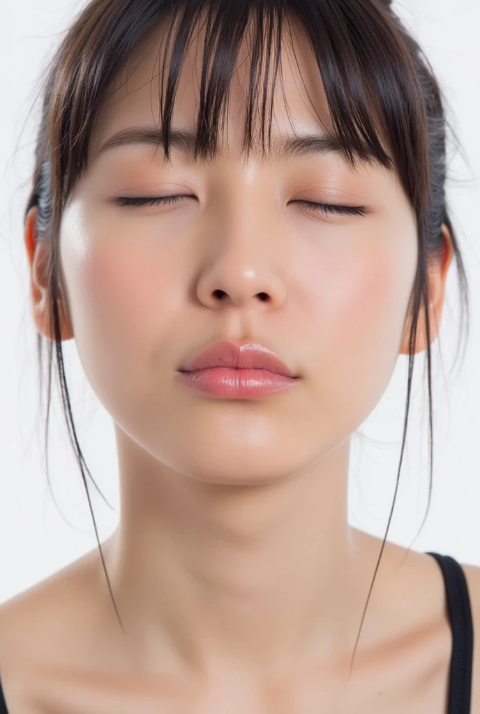 Japanese girl, collarbone to top of head in frame, black camisole ...