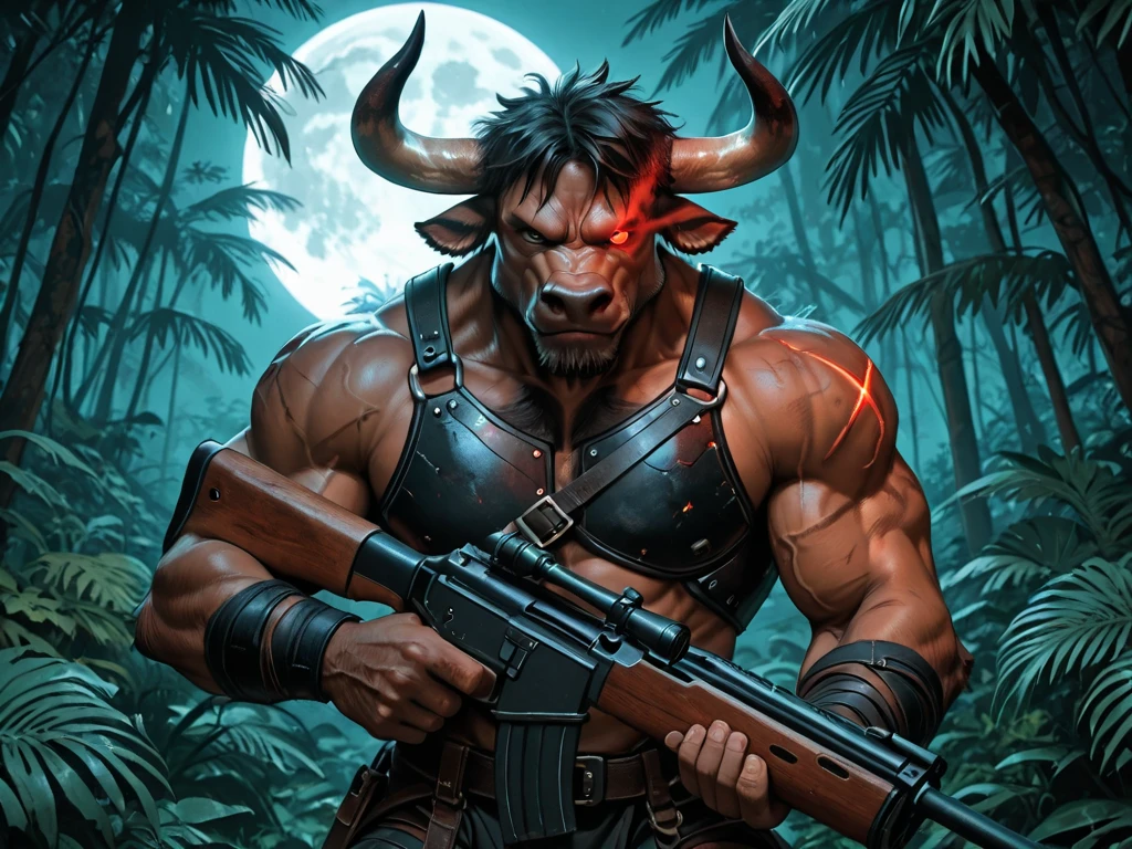 Minotaur wearing broken armor with battle scar, his eyes glow red ...