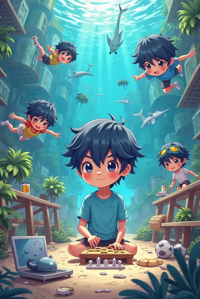Chibi anime male consistent characters with blue-black hair wear cyan ...