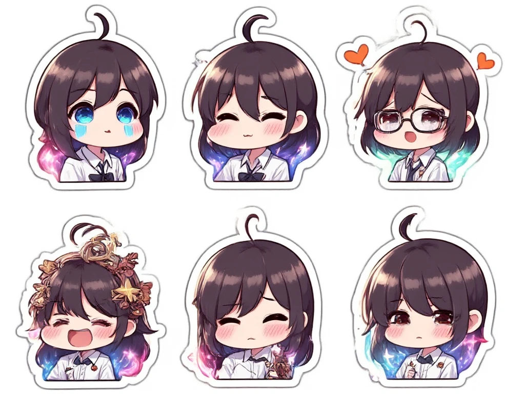 A sticker pack of a chibi anime girl with short hair, parted bangs in ...