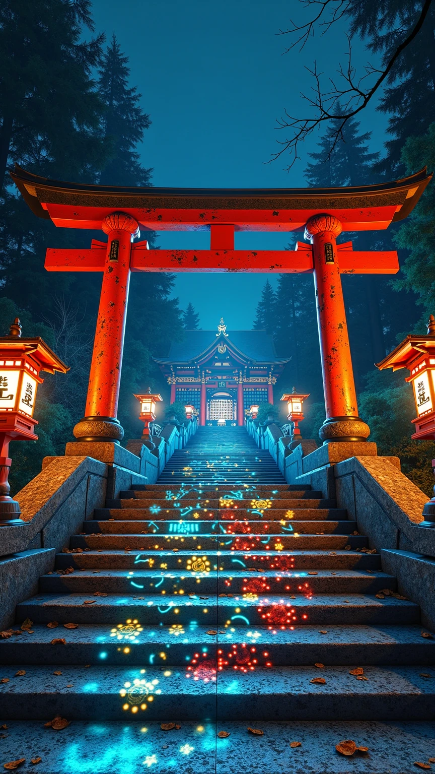 Subject: a luminous nighttime Shinto shrine entrance framed by a large ...