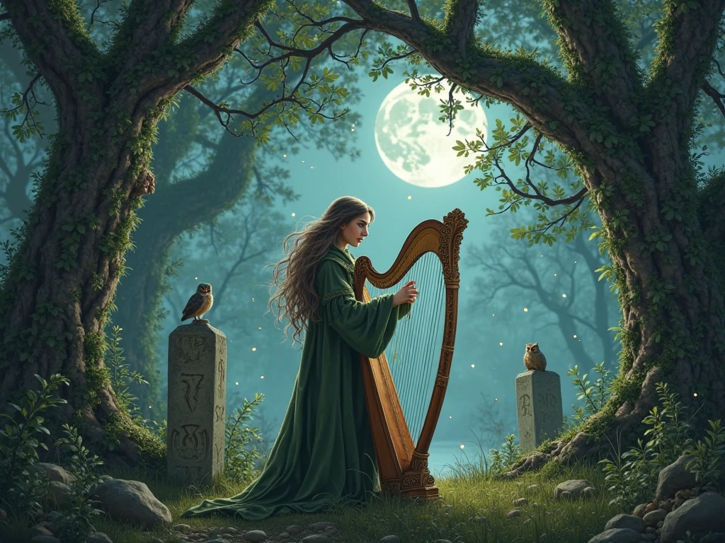 A mystical medieval Celtic forest at twilight, with ancient oak trees covered in - SeaArt AI