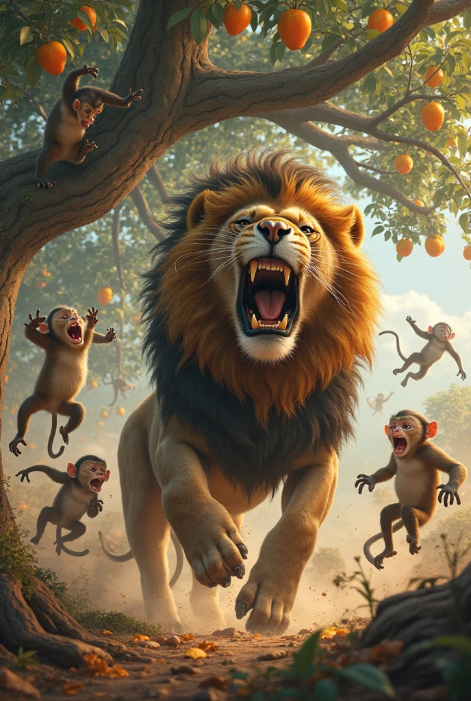 A roaring lion scaring away a group of monkeys from a mango tree ...