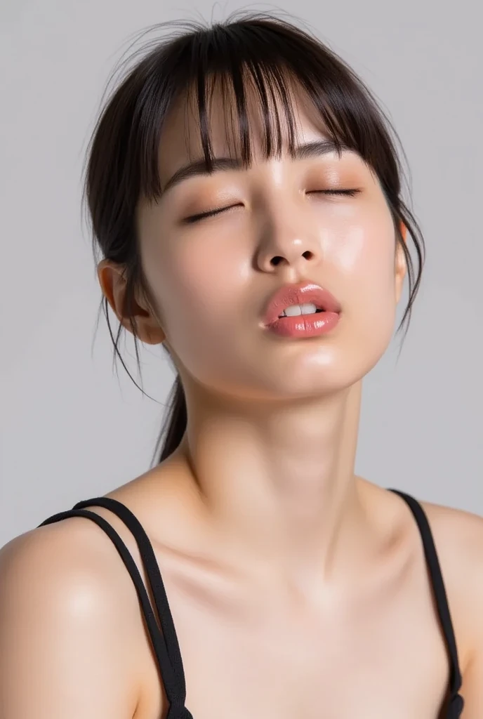 Japanese girl, collarbone to top of head in frame, black camisole ...