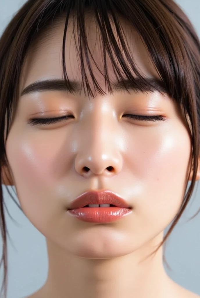 Beautiful young woman, eyes closed, smiling warmly, puckered lips ...