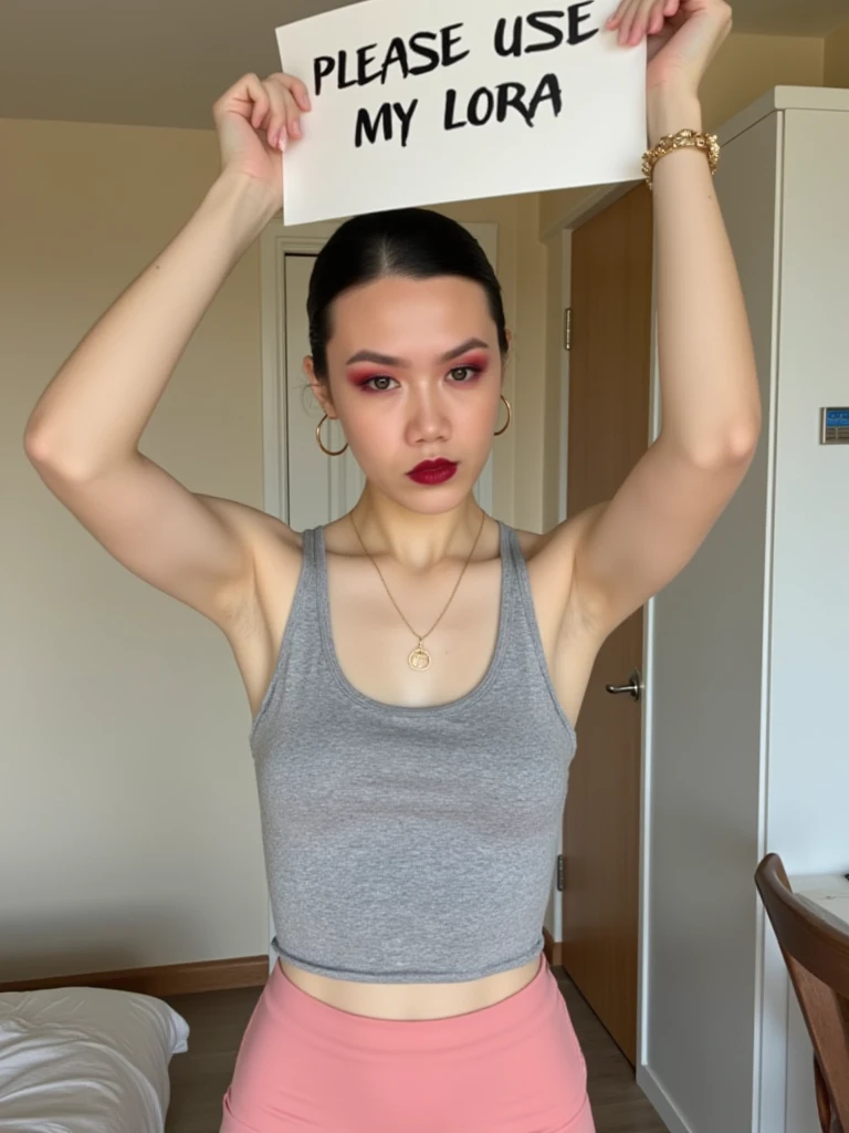 young beautiful Asian woman with fair imperfect skin, dark hair tied ...