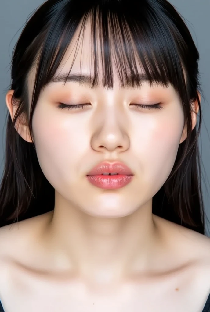 Beautiful young woman, eyes closed, euphoric smile, extremely puckered ...