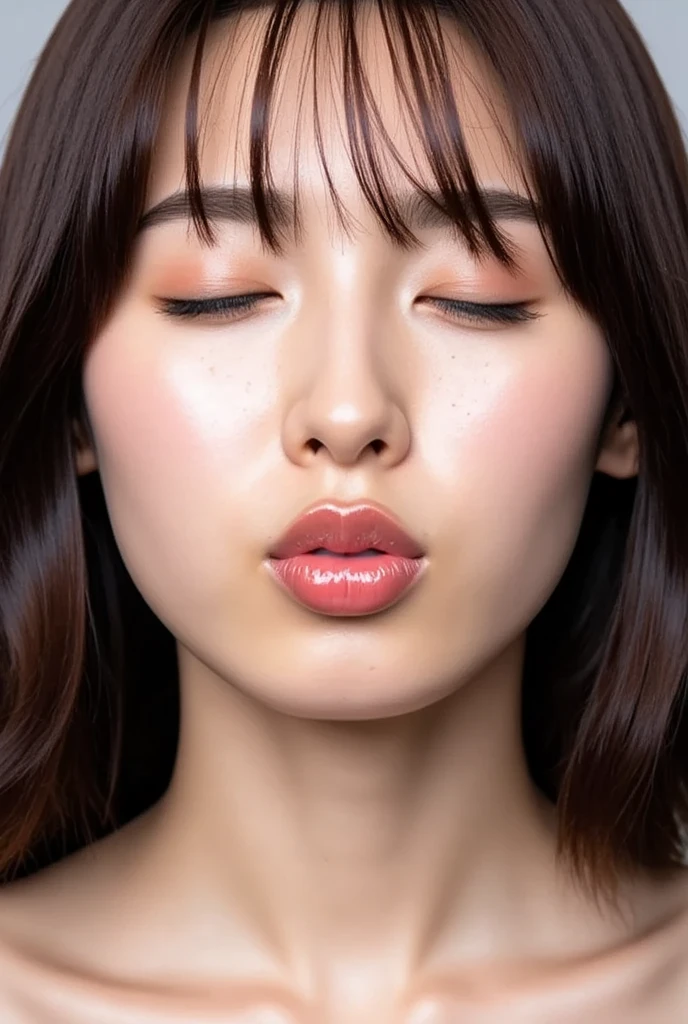 Beautiful young woman, eyes closed, euphoric smile, extremely puckered ...