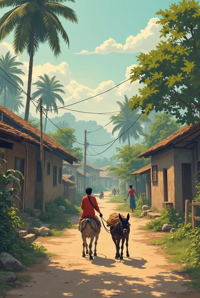 A dog walks a donkey through the road of the village of Bangladesh ...