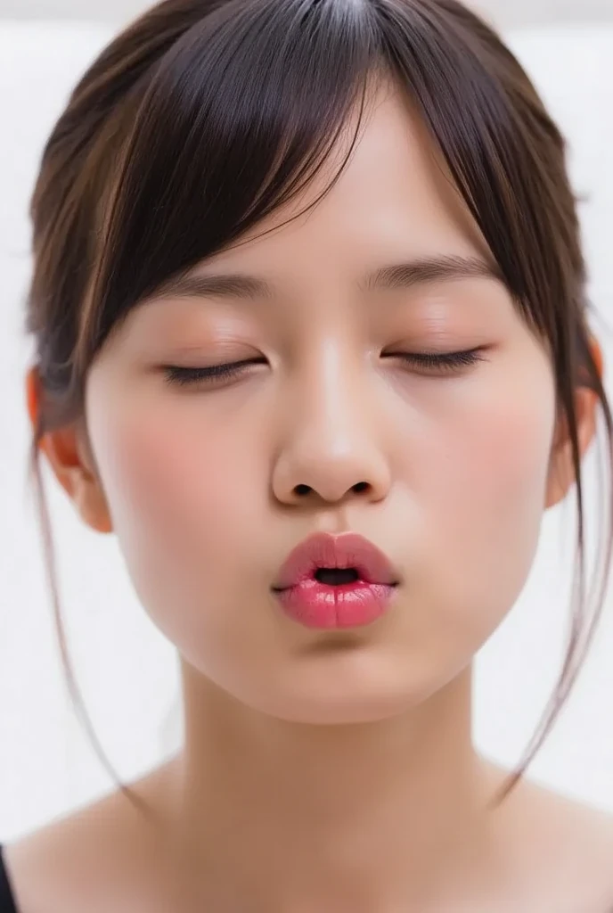 Beautiful young woman, eyes closed, euphoric smile, extremely puckered lips - SeaArt AI