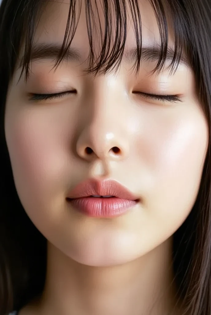 Beautiful young woman, eyes closed, euphoric smile, extremely puckered ...