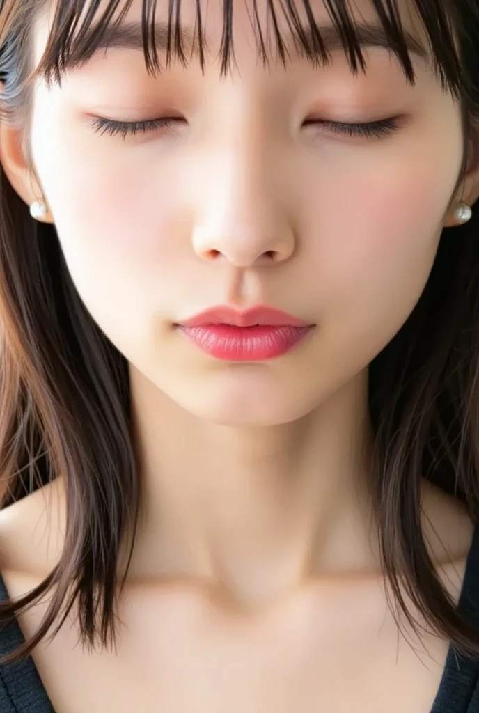 Beautiful young woman, eyes closed, euphoric smile, extremely puckered ...