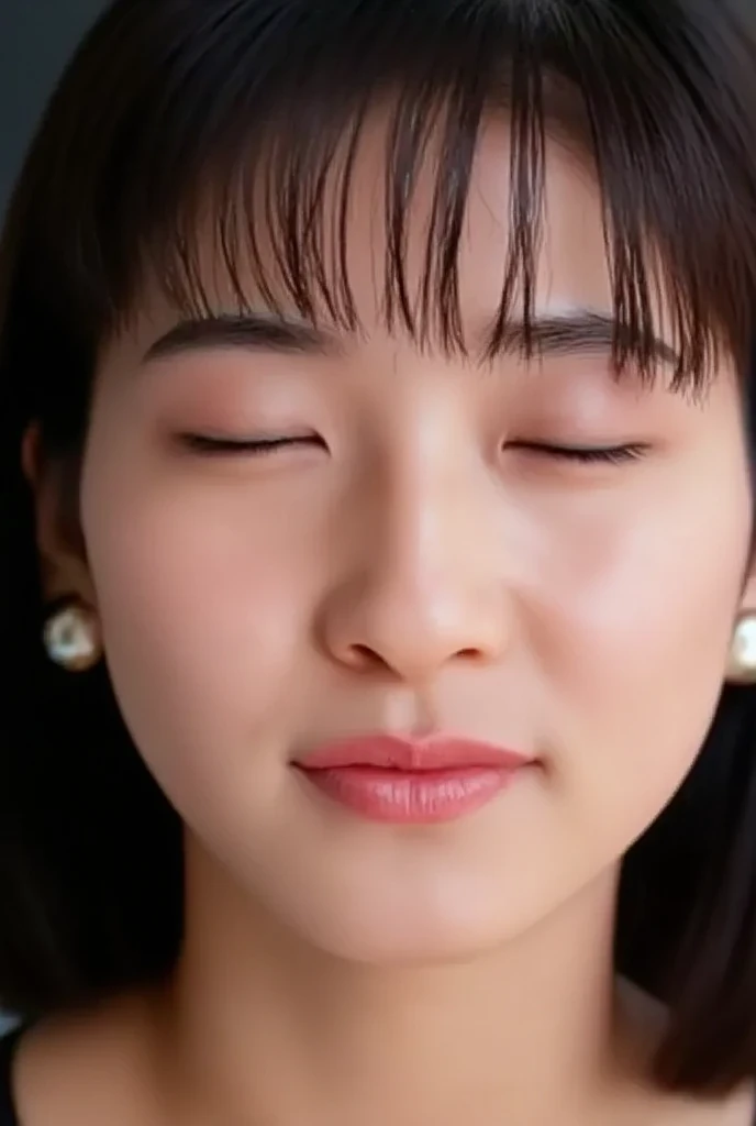 Beautiful young woman, eyes closed, euphoric smile, extremely puckered ...