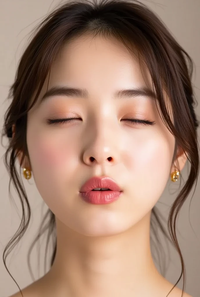 Beautiful young woman, eyes closed, euphoric smile, extremely puckered ...