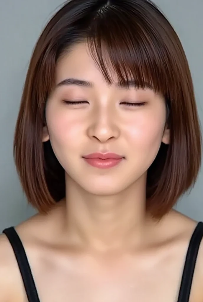 Beautiful young woman, eyes closed, euphoric smile, extremely puckered ...