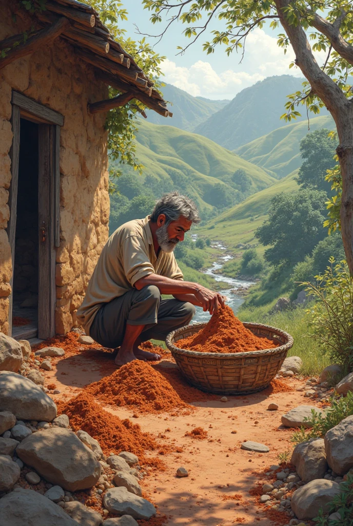 A humble village scene with a man building his house from reddish garil ...