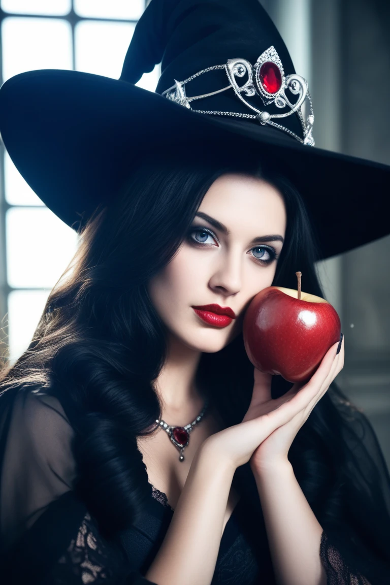 Girl,black long hair,black queen,accessories,apple in hand,poison ...